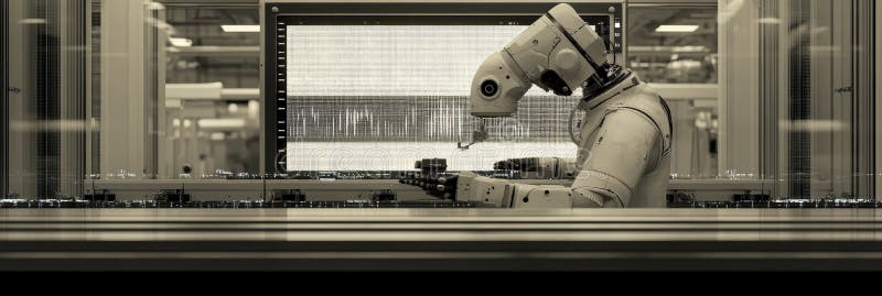 Robot Analyzing Data on Futuristic Large Screen Display Stock Illustration - Illustration of ...