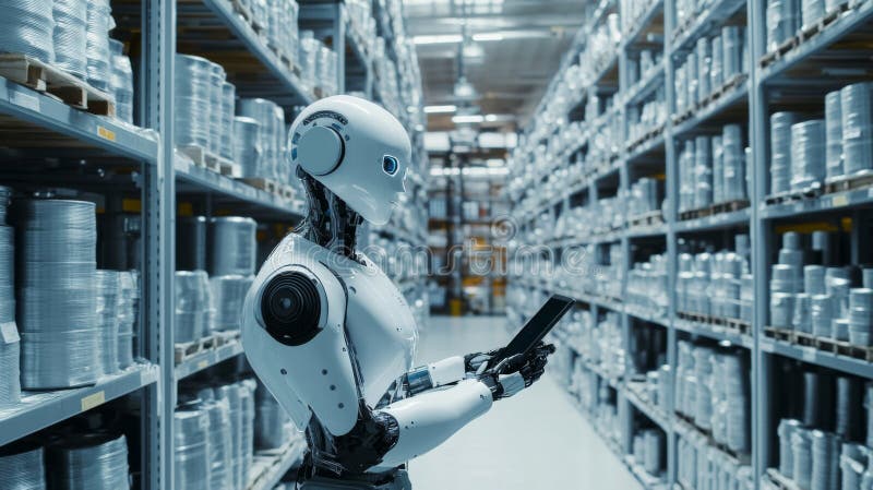 Robot Analyzing Data in Futuristic Metal Products Warehouse Setting ...
