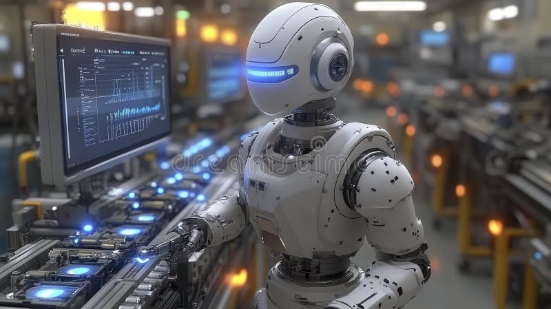 Robot Analyzing Data on a Screen in Factory Environment Stock Illustration - Illustration of ...