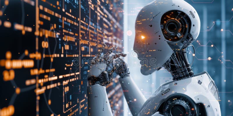 Robot Analyzing Data on Wall Stock Image - Image of generated, science ...