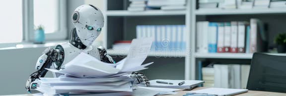 Robot Analyzing Documents at a Cluttered Desk in an Office. AI-driven Data Processing and ...
