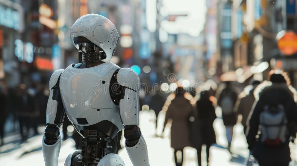 Robot Android in the City Street among People. Artificial Intelligence ...