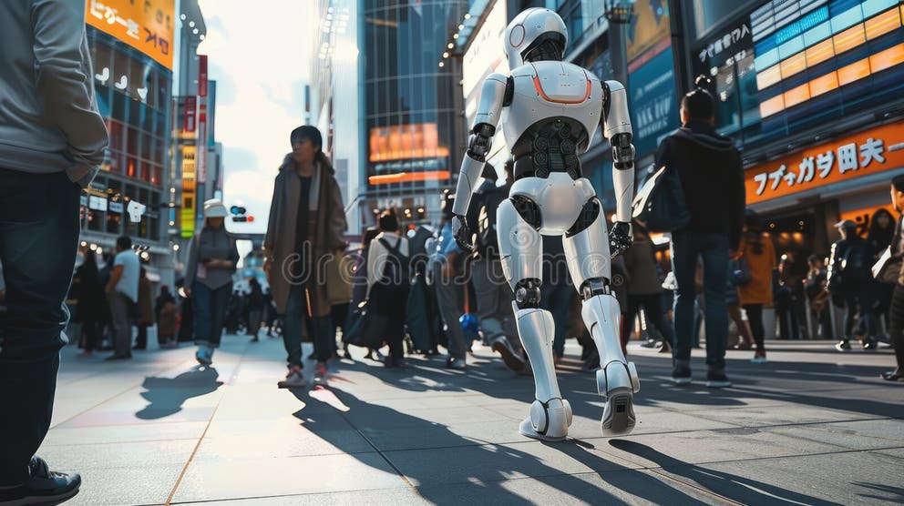 Robot Android in the City Street among People. Artificial Intelligence ...