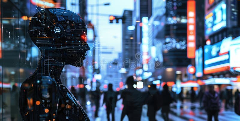 Robot Android in the City Street among People. Artificial Intelligence ...