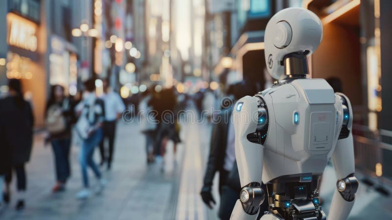 Robot Android in Futuristic City. Artificial Intelligence Technology ...