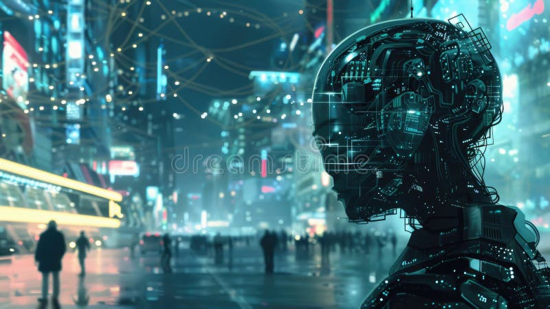 Robot Android in the City Street among People. Artificial Intelligence ...