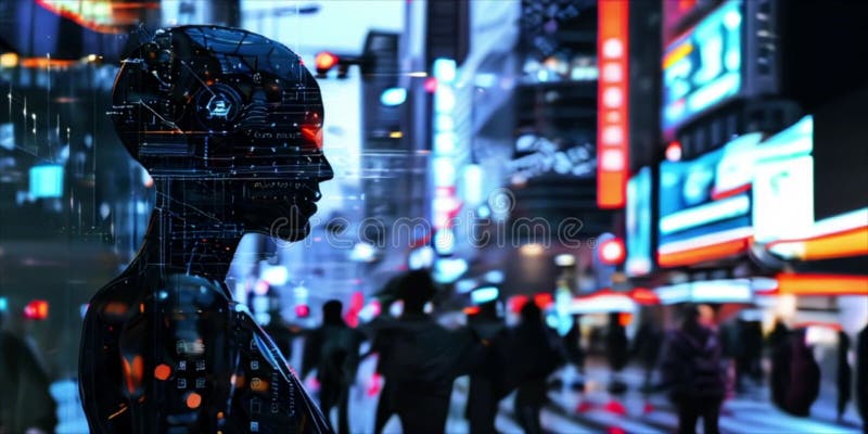 Robot Android in the City Street among People. Artificial Intelligence ...