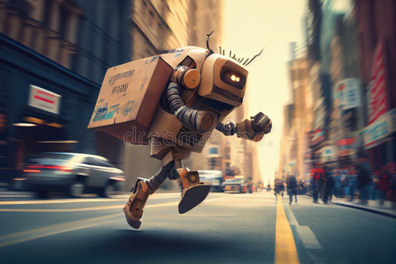 Robot Android Courier Running through Busy City, with Packages in Hand ...