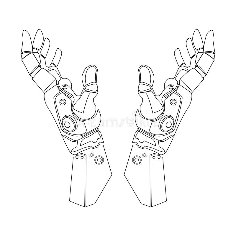 Cupped Hands of a Robot or Android Line Art Drawing. Artificial ...