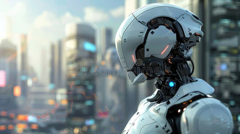 Robot Android in Futuristic City. Artificial Intelligence Technology ...