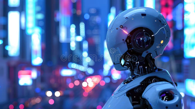 Robot Android in Futuristic City. Artificial Intelligence Technology ...