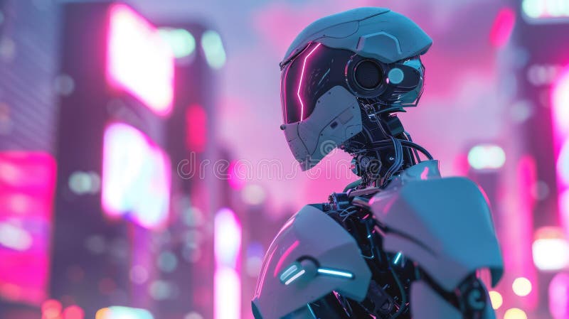 Robot Android in Futuristic City. Artificial Intelligence Technology ...