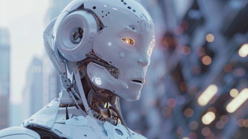 Robot Android in Futuristic City. Artificial Intelligence Technology ...