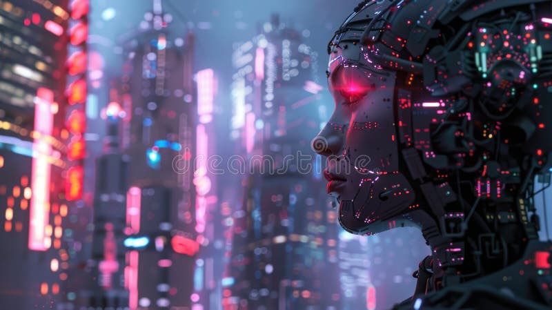 Robot Android in Futuristic City. Artificial Intelligence Technology ...