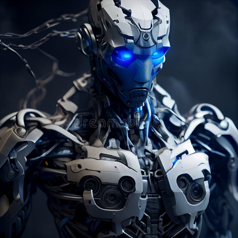 Robot Android Man with Blue Eyes and Blue Lights Stock Illustration ...