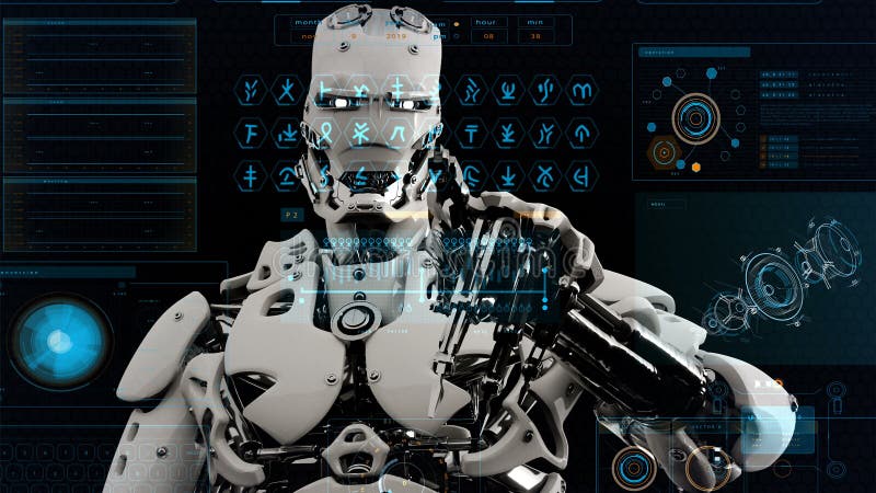 Robot Android Presses the Keys on Sci-fi Screen. Realistic Motion ...