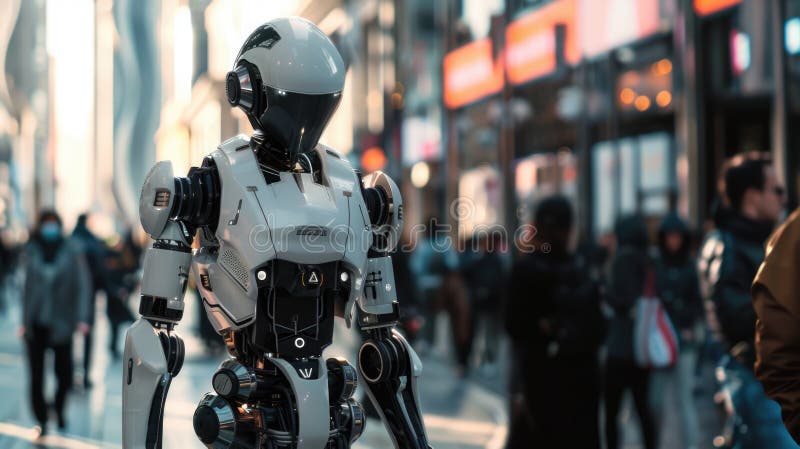 Robot Android Walking in City Street among People. Artificial ...