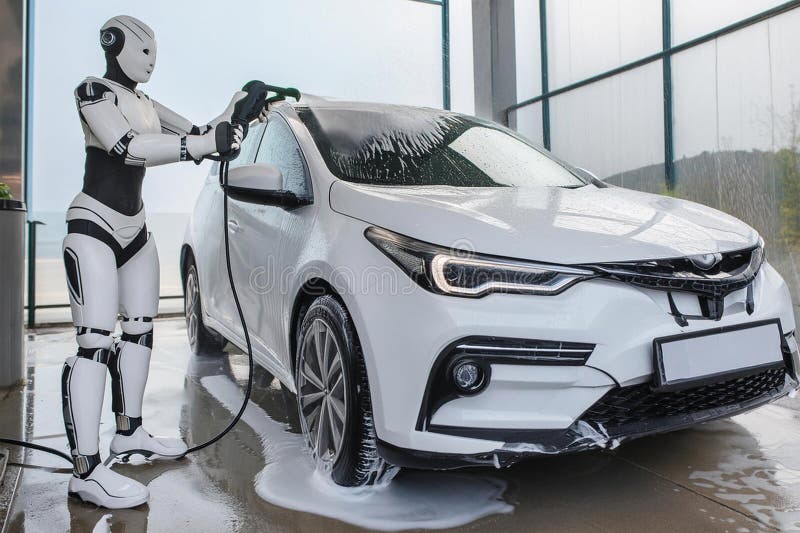 Robot Android Washes a Car at a Car Wash Using a Hose, Water Pressure ...