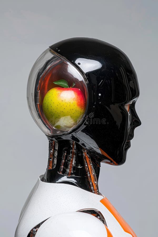 Robot with apple in helmet stock illustration. Illustration of apple ...