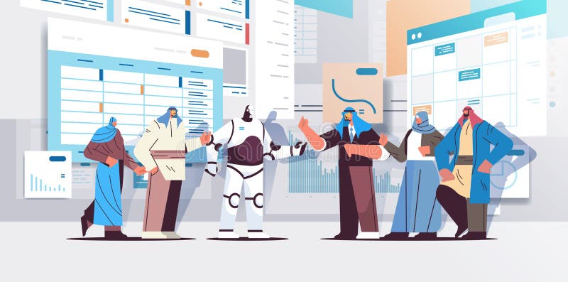 Robot with Arab Businesspeople Analyzing Statistics Graphs and Charts ...