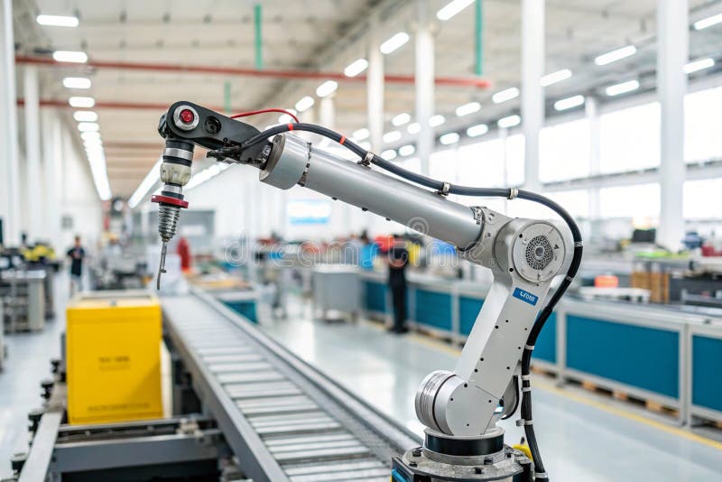 Robot Arm in Action: 3D Rendering in Factory Environment Stock ...