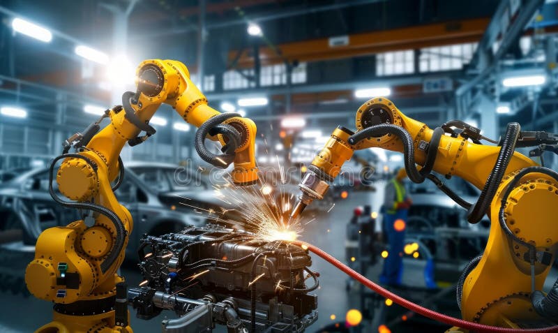A Robot Arm Assembles a Car Engine in a Factory, Industrial Automation ...