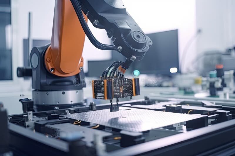Robot Assembling Complex Structure On A Futuristic Assembly Line Stock