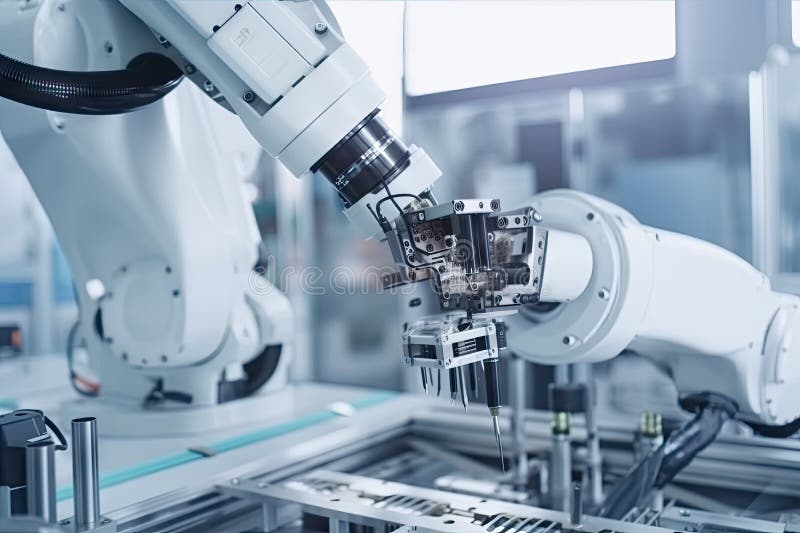 Robot Assembling Complex Structure On A Futuristic Assembly Line Stock