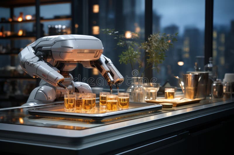 Robot Arm Bartender Making Drinks in Restaurant. Created with ...