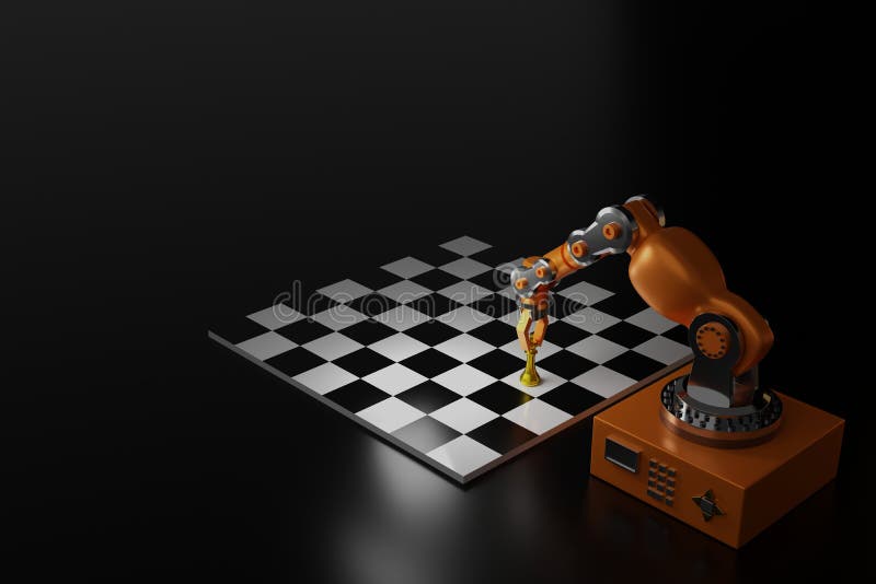 Robot Arm with Chess Pieces and Board on Black Background ,3d Rendering ...