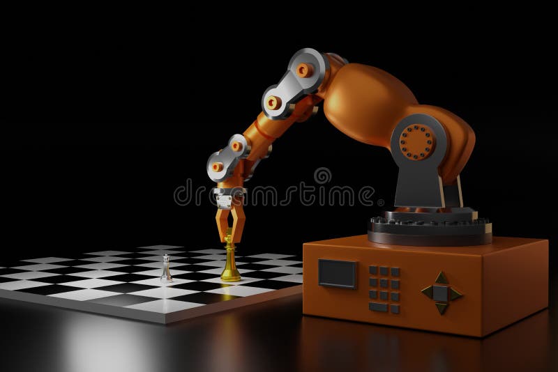 Robot Arm with Chess Pieces and Board on Black Background ,3d Rendering ...