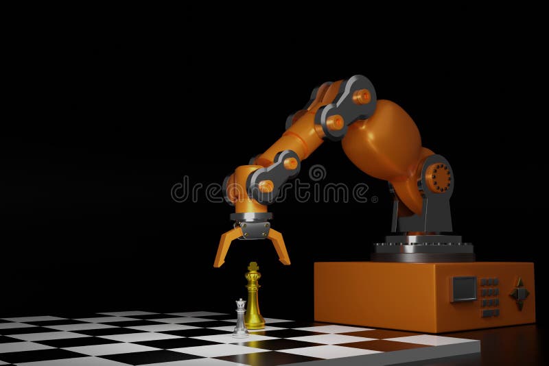 Robot Arm with Chess Pieces and Board on Black Background ,3d Rendering ...