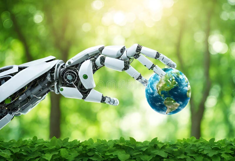 Robot Arm Holding Earth on Green Tree Background,Environment Concept ...