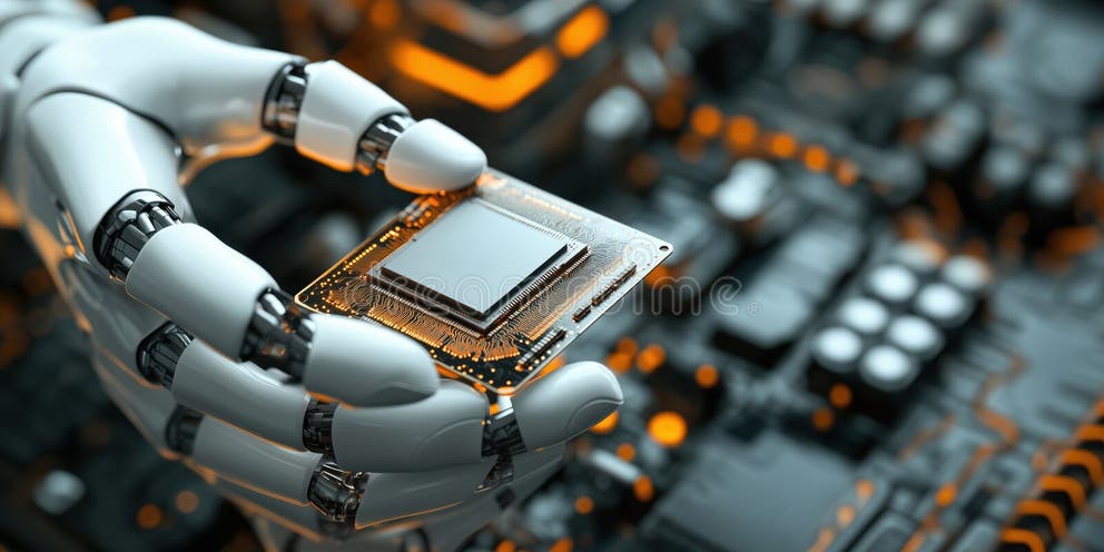 Robot Arm Holding Microchip in High Tech Environment, Showcasing ...