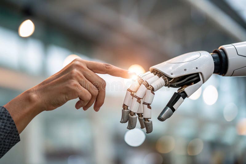 The Robot Arm and the Human Hand Touch Each Other Stock Illustration ...