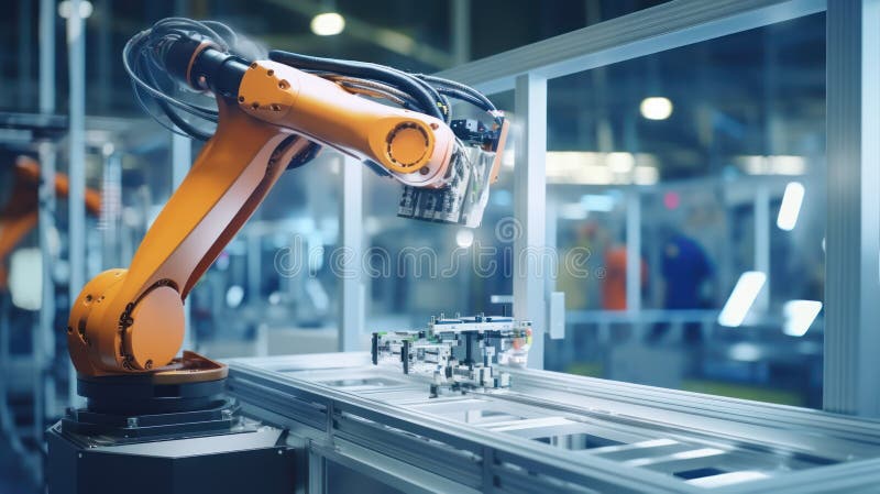 Robot Arm Inside a Bright Electronics Factory, Utilizing Printing ...