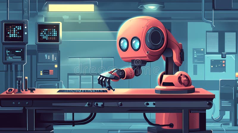 A Robot Arm Interacts with a Keyboard in a Futuristic Industrial ...