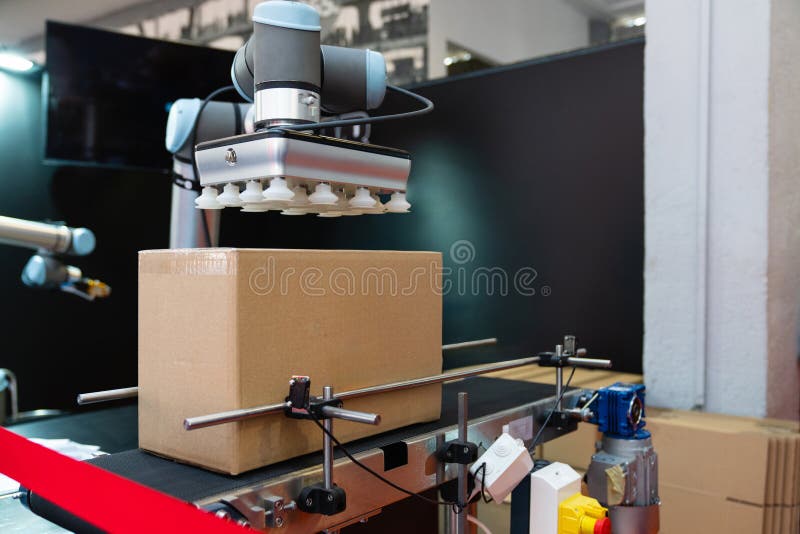 Robot Arm Moves Box in an Automatic Warehouse Stock Photo - Image of ...