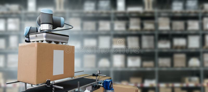 Robot Arm Moves Boxes in an Automatic Warehouse Stock Photo - Image of ...