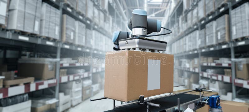Robot Arm Moves Boxes in an Automatic Warehouse Stock Photo - Image of ...
