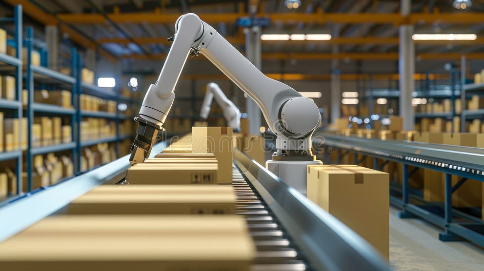 Robot Arm Moves Boxes in an Automatic Warehouse Stock Illustration ...