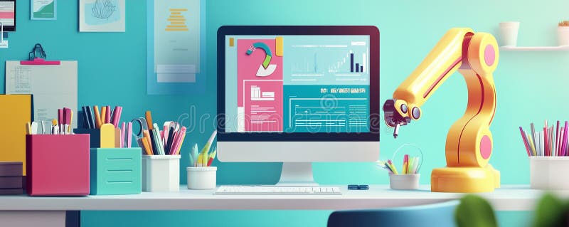 Robot Arm Organizes Office Supplies Efficiently at a Modern Workspace ...