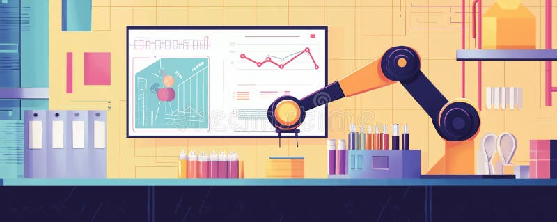 Robot Arm Organizes Office Supplies in a Modern Workspace while ...