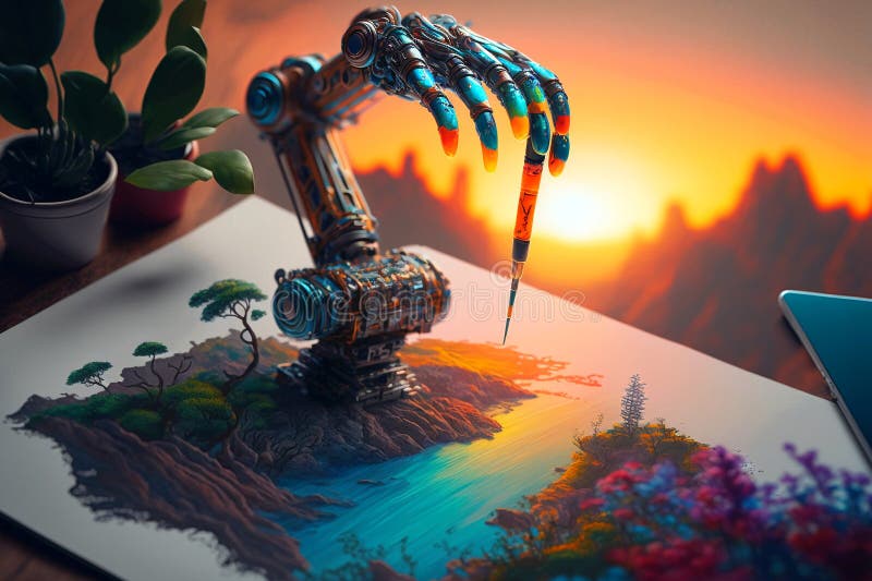 Robot Arm is Painting Beautiful Ki Design. Generative Ai Stock ...
