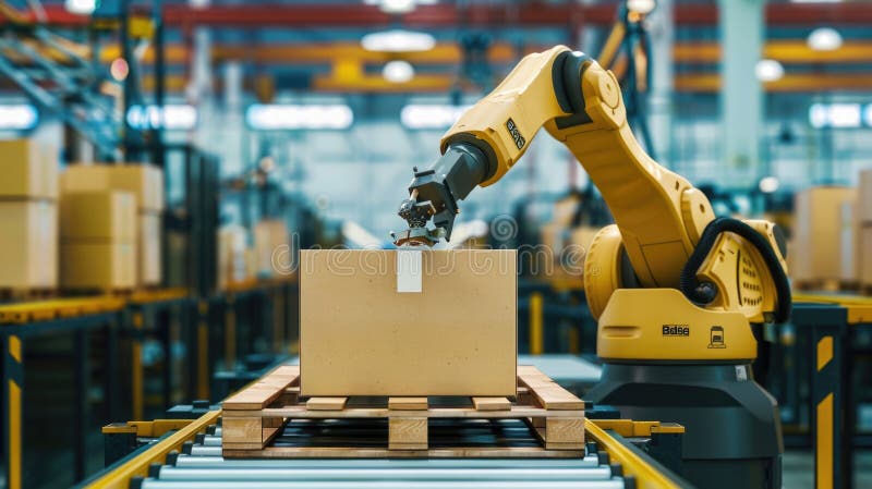 Robot Arm Places Boxes on Pallets in Smart Factory. Stock Illustration ...