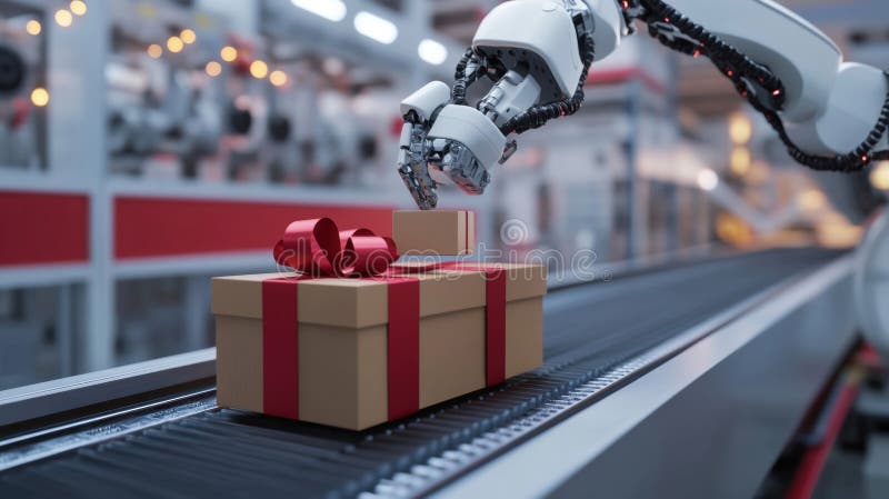 Robot Arm Placing a Gift Box on a Conveyor Belt for a Tech Concept ...