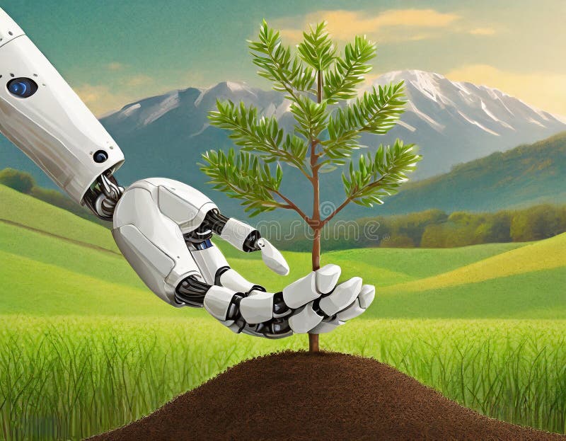 A Robot Arm Planting a Tree in a Green Field, Ilustration-generated by ...