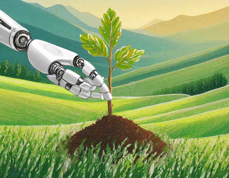 A Robot Arm Planting a Tree in a Green Field, Ilustration-generated by ...