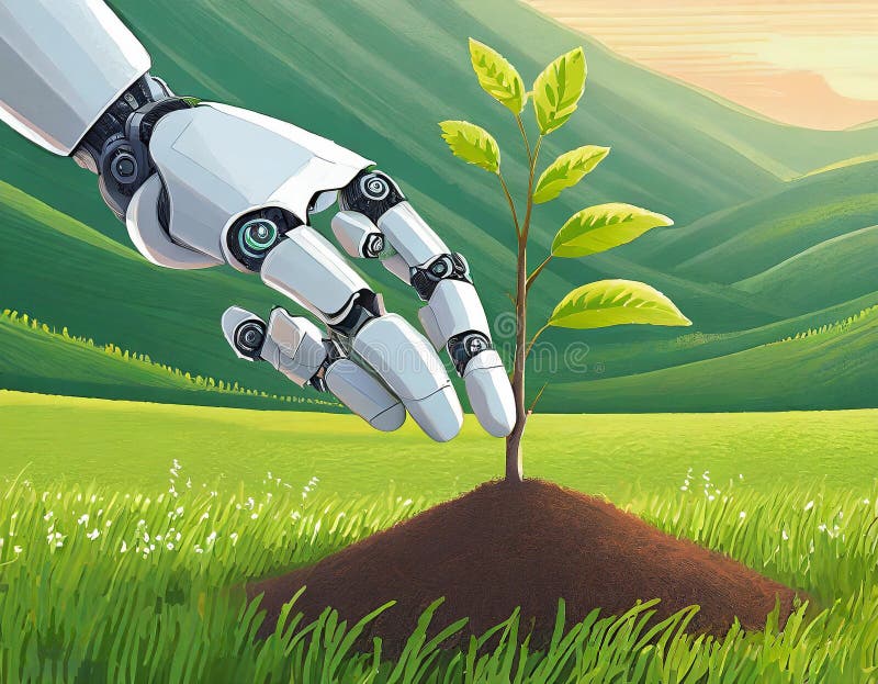 A Robot Arm Planting a Tree in a Green Field, Ilustration-generated by ...