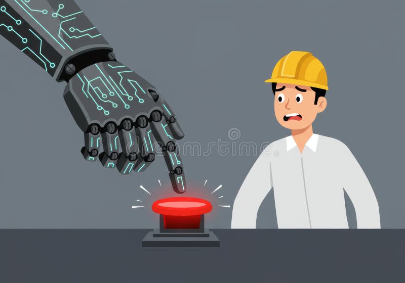 Robot Arm Pressing Red Button Near Anxious Worker in Hard Hat Stock ...